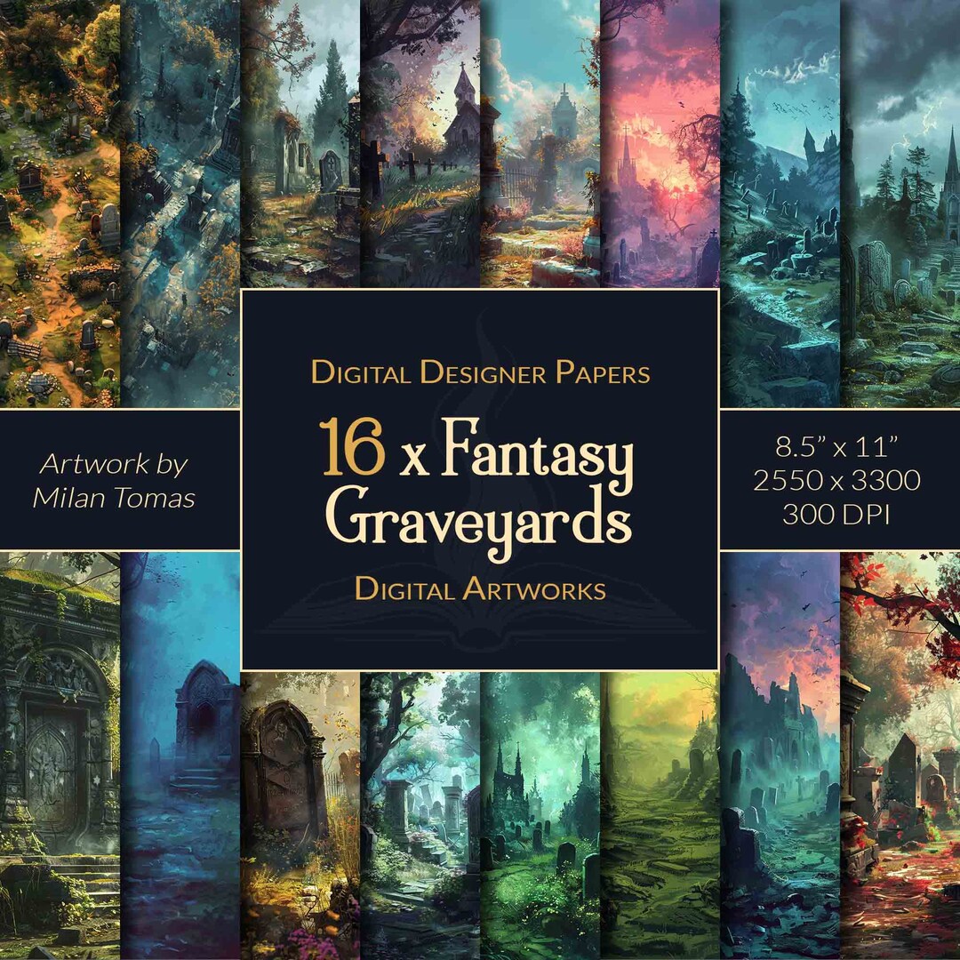 Fantasy Graveyards Digital Artworks Pack | Set of 16 Digital Papers ...