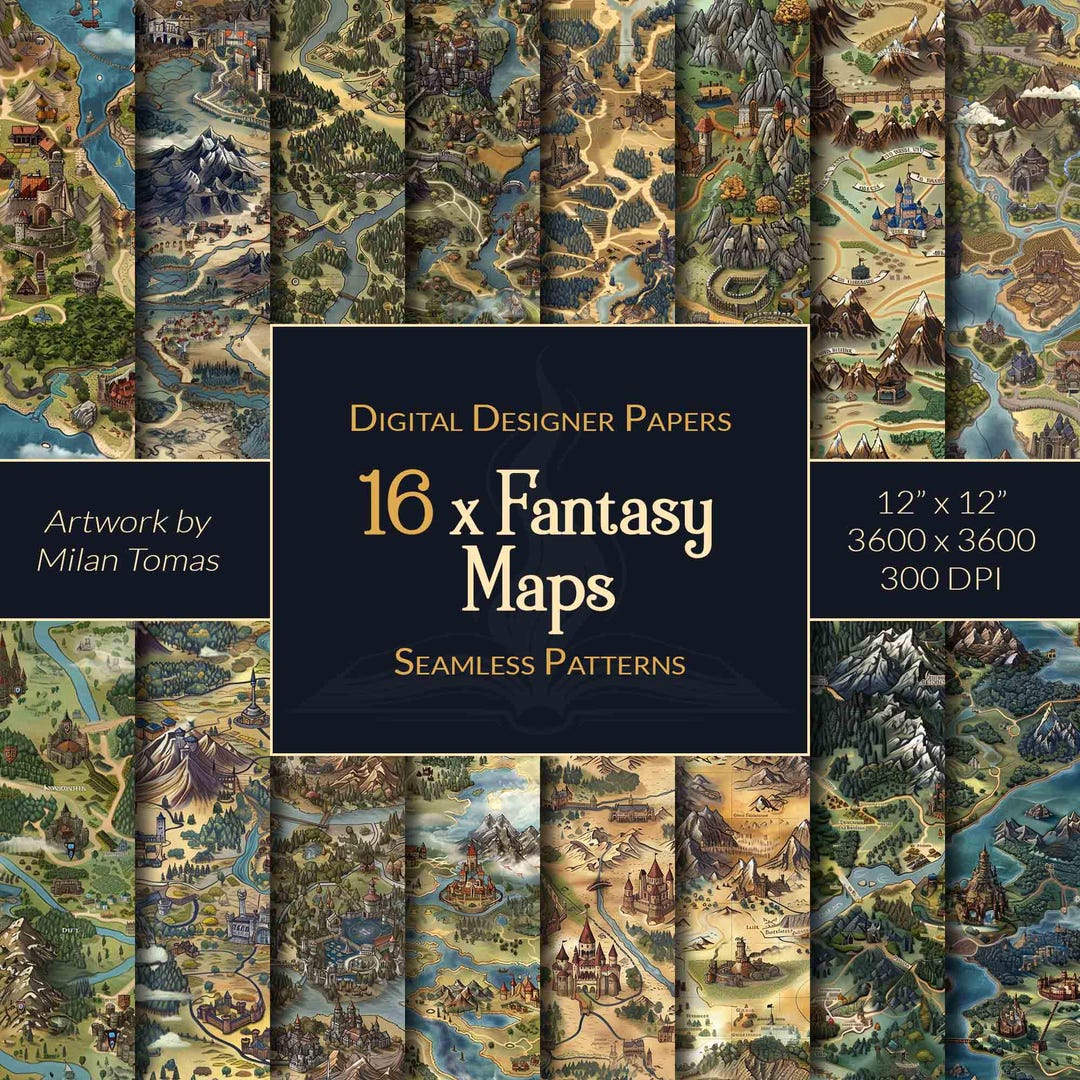 Fantasy Maps Seamless Patterns Pack | Set of 16 Digital Papers ...