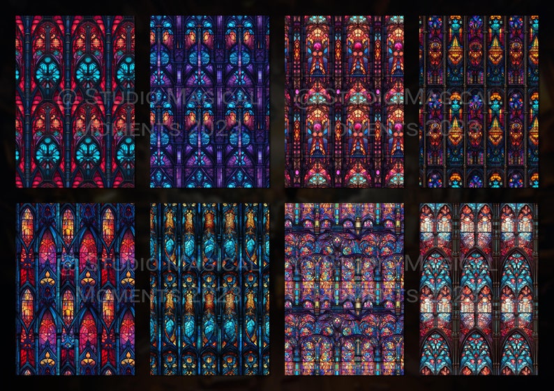 Cathedral Stained Glass Seamless Patterns Pack Set of 16 Digital Papers ...