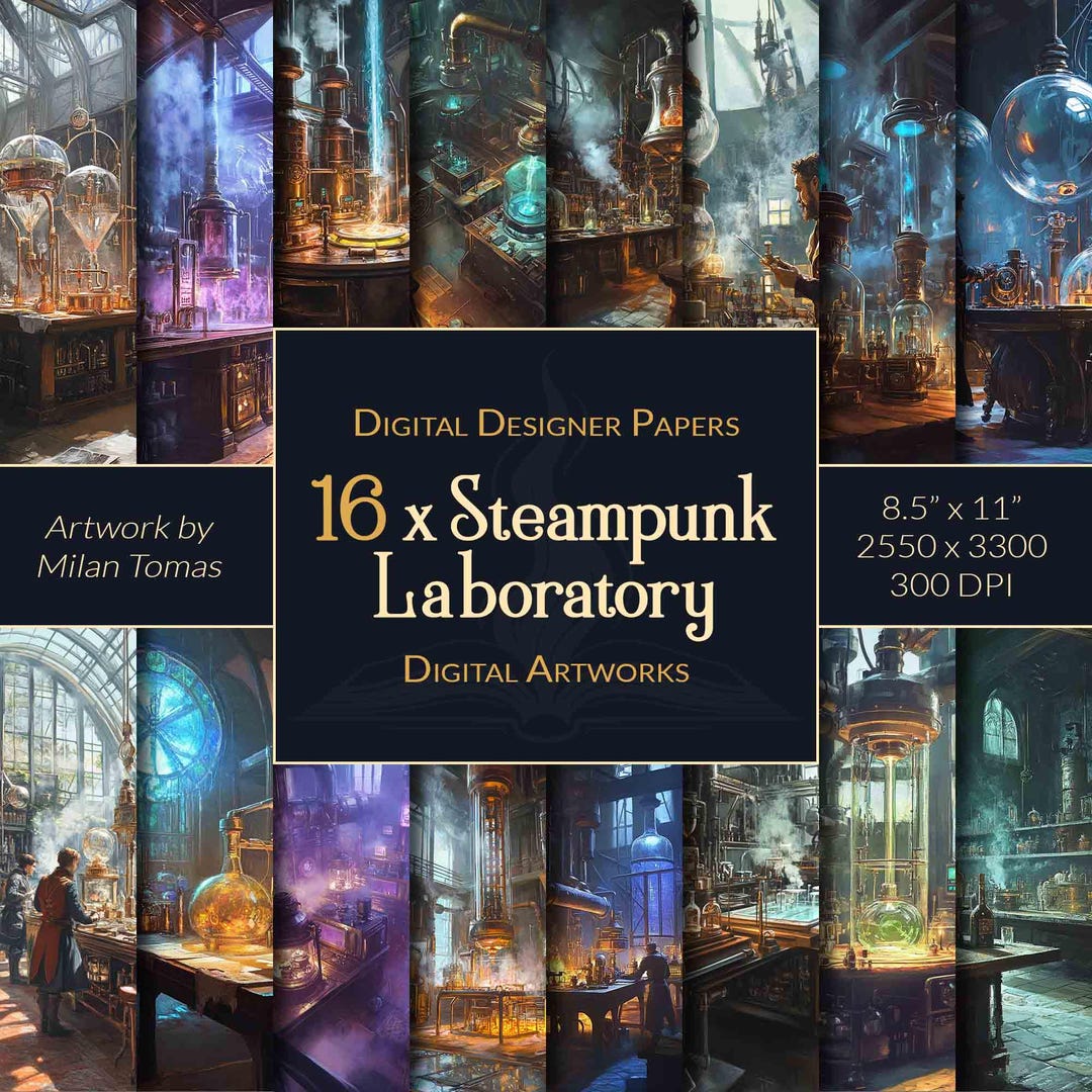 Steampunk Laboratory Digital Artworks Pack | Set of 16 Digital Papers ...