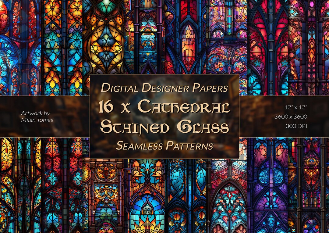 Cathedral Stained Glass Seamless Patterns Pack Set of 16 Digital Papers ...