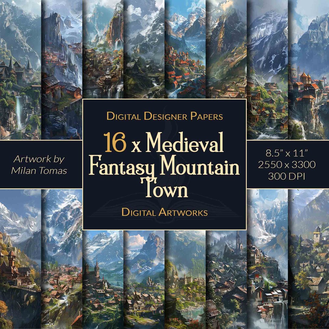 Medieval Fantasy Mountain Town Digital Art: Scrapbook Paper (digital ...
