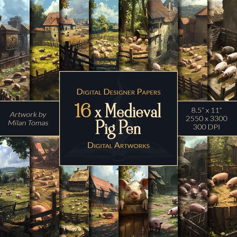 Medieval Pig Pen Digital Artworks Pack | Set of 16 Digital Papers ...