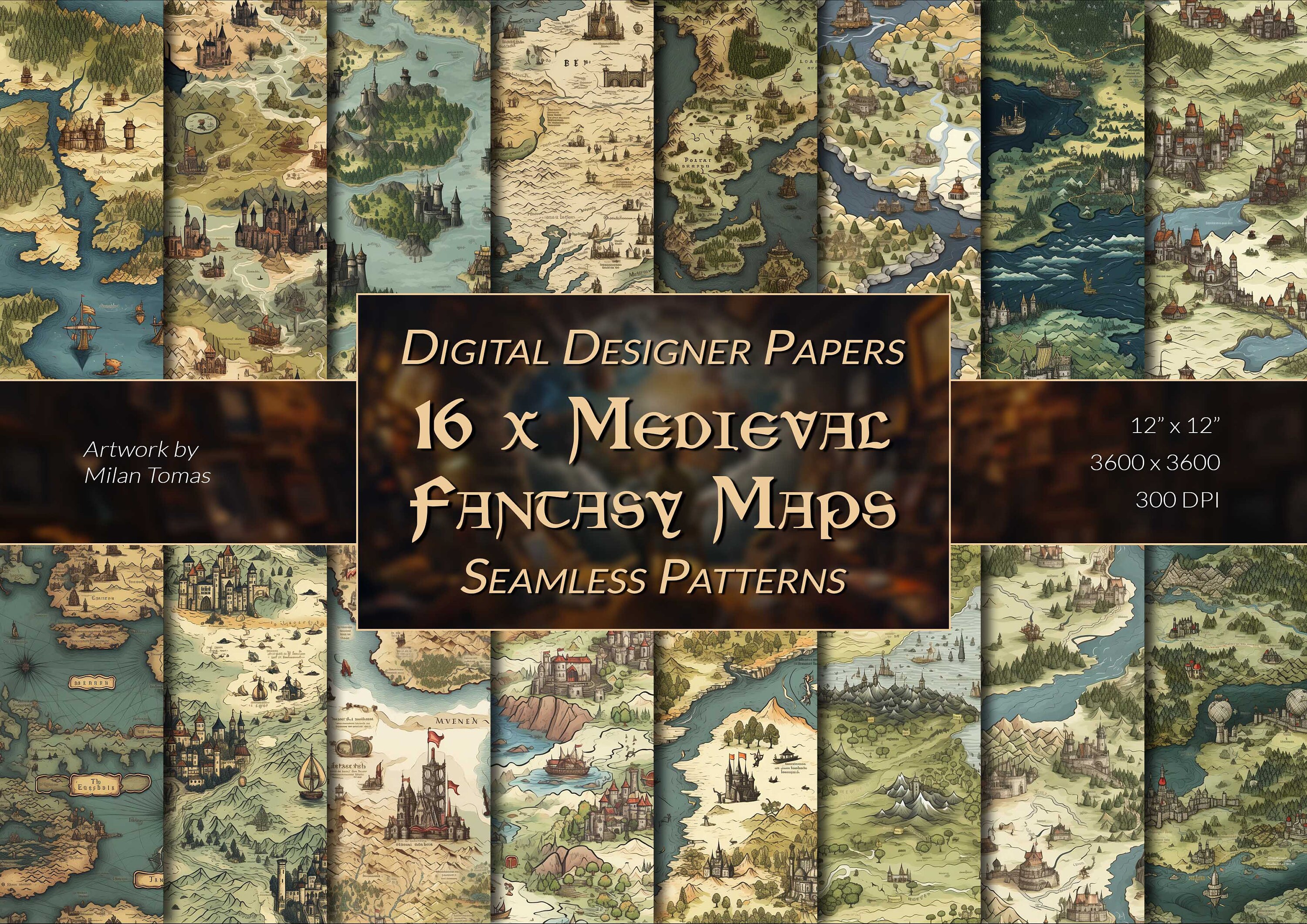 Medieval Fantasy Maps Seamless Patterns Pack Set of 16 Digital Papers ...