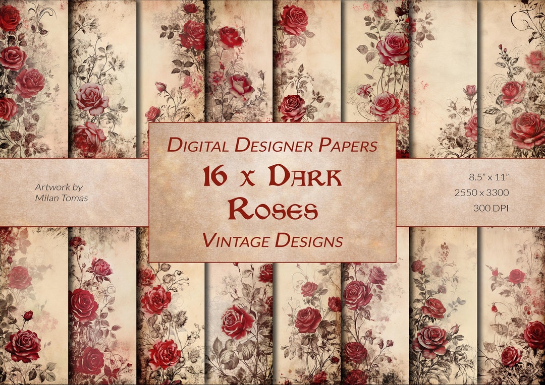Dark Rose Vintage Papers Pack Set of 16 Digital Papers Scrapbook Paper ...