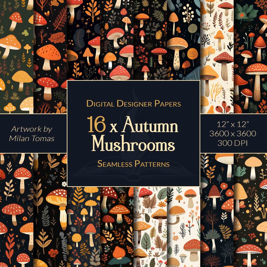 Autumn Mushrooms Seamless Patterns Pack | Set of 16 Digital Papers ...