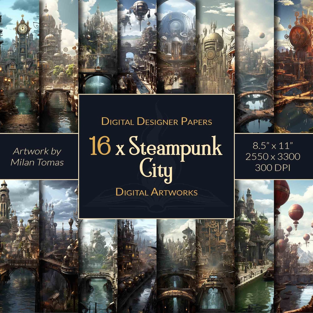 Steampunk City Digital Paper Pack: 16 Fantasy Art Images (digital ...