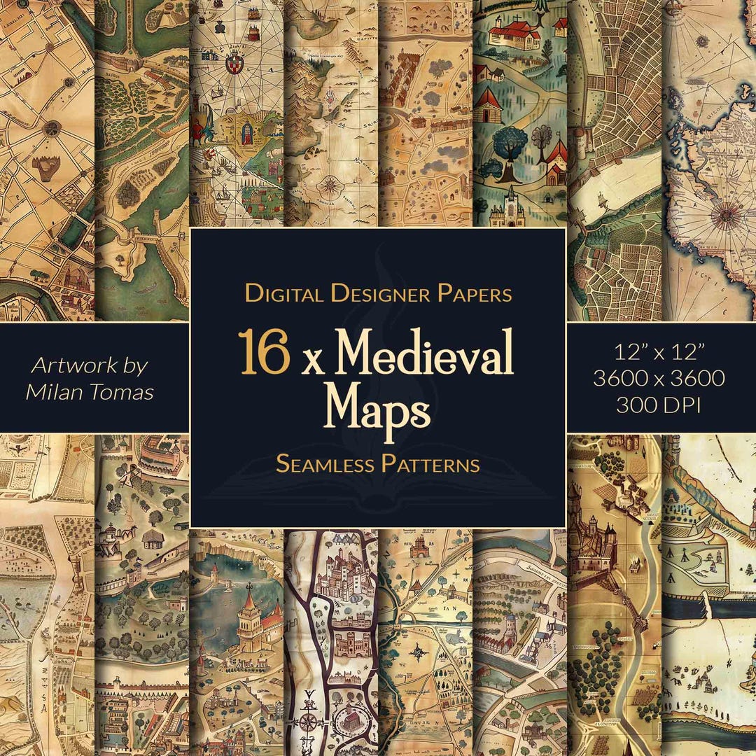 Medieval Maps Seamless Patterns Pack | Set of 16 Digital Papers ...