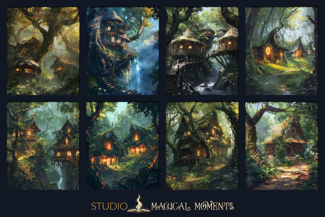 Magical Forest Huts Digital Artworks Pack Set of 16 Digital Papers ...