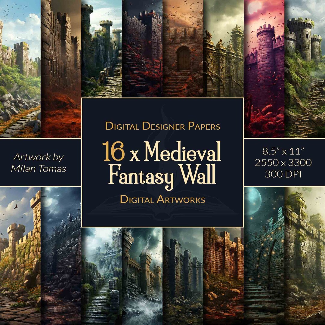 Medieval Fantasy Wall Digital Artworks Pack | Set of 16 Digital Papers ...