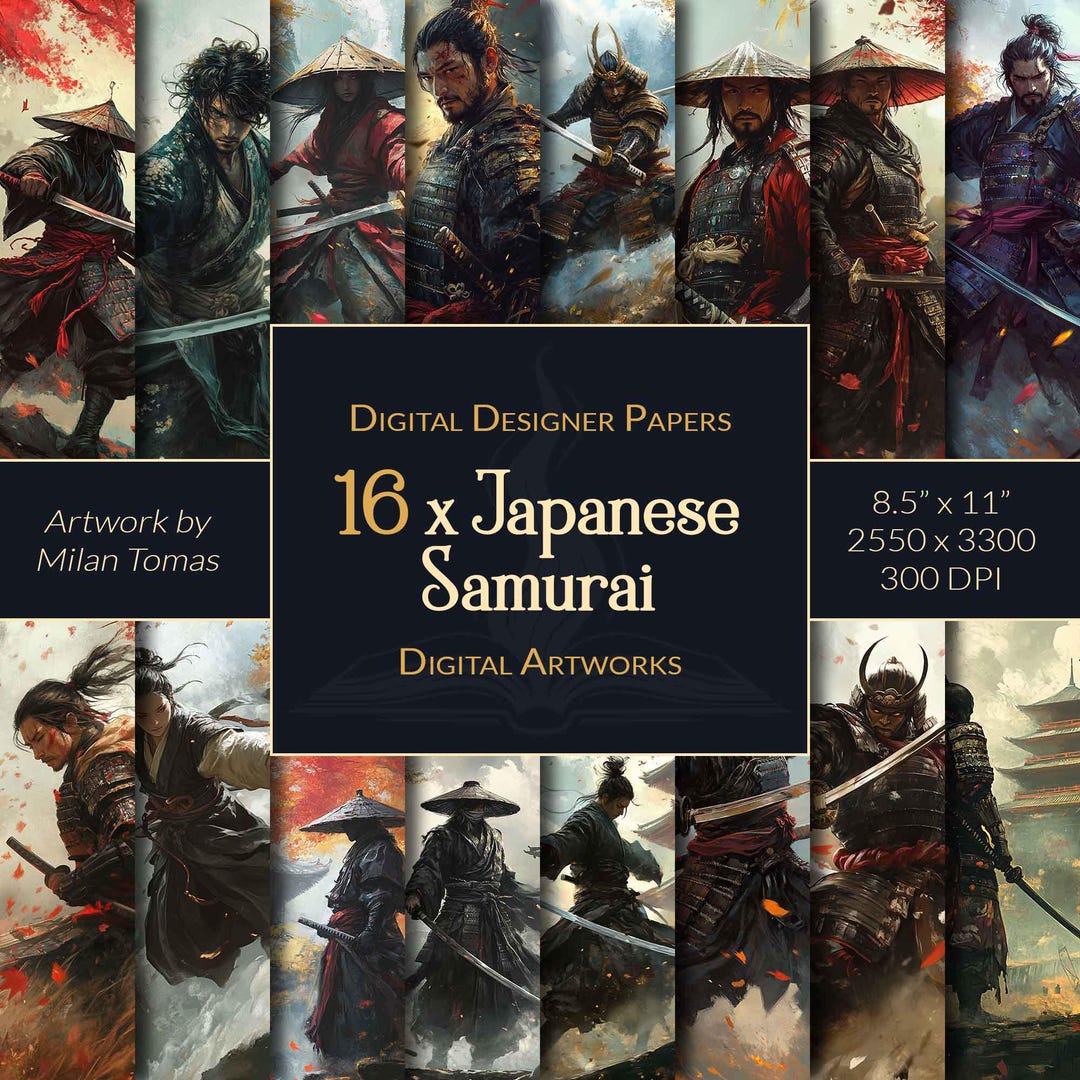 Japanese Samurai Digital Artworks Pack | Set of 16 Digital Papers ...