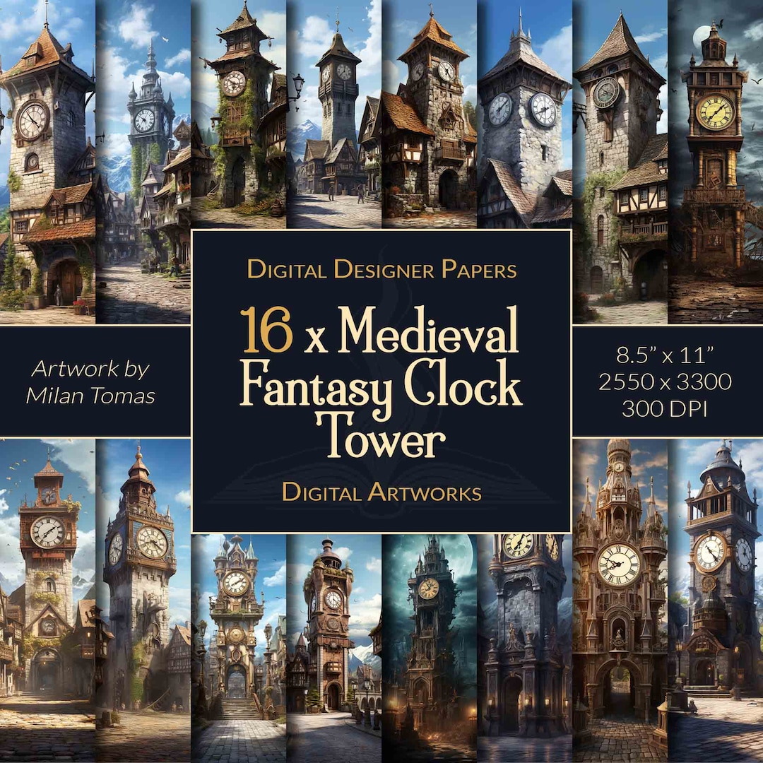Medieval Clock Tower Digital Paper: Fantasy Art, Scrapbook, Junk ...