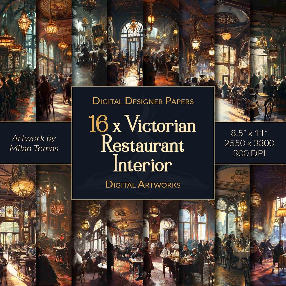 Victorian Restaurant Interior Digital Art: Scrapbook Paper Set (digital ...