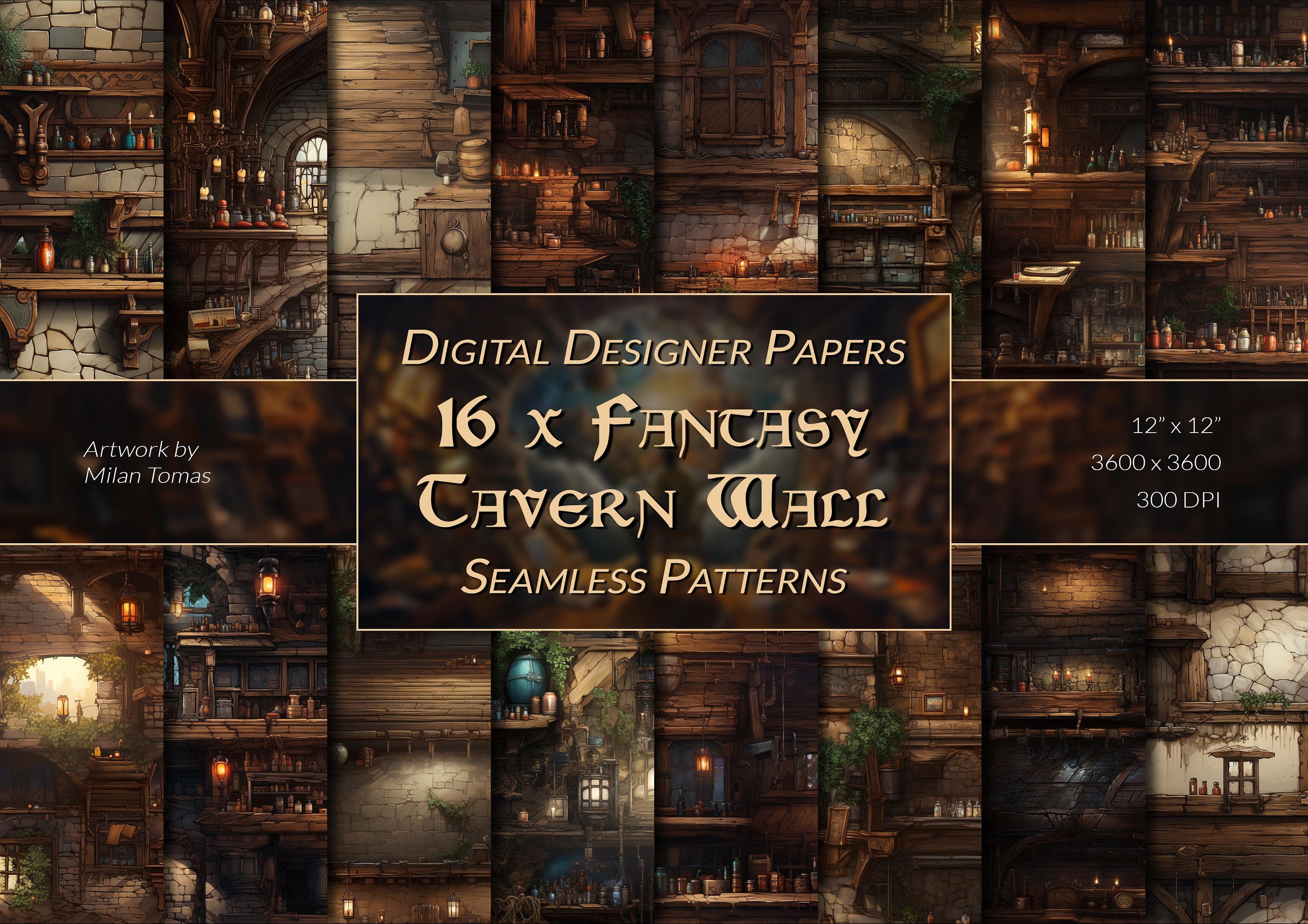 Fantasy Tavern Wall Seamless Patterns Pack Set of 16 Digital Papers ...