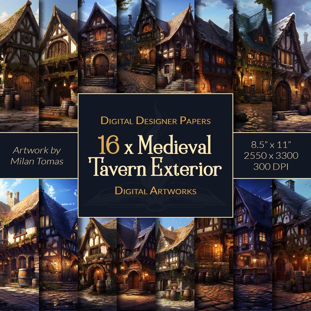 Medieval Tavern Exterior Digital Paper Pack: Fantasy Scrapbook Art ...