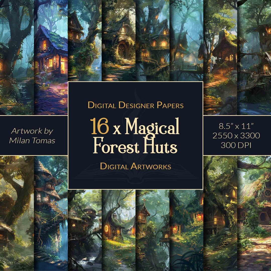 Magical Forest Huts Digital Artworks Pack | Set of 16 Digital Papers ...