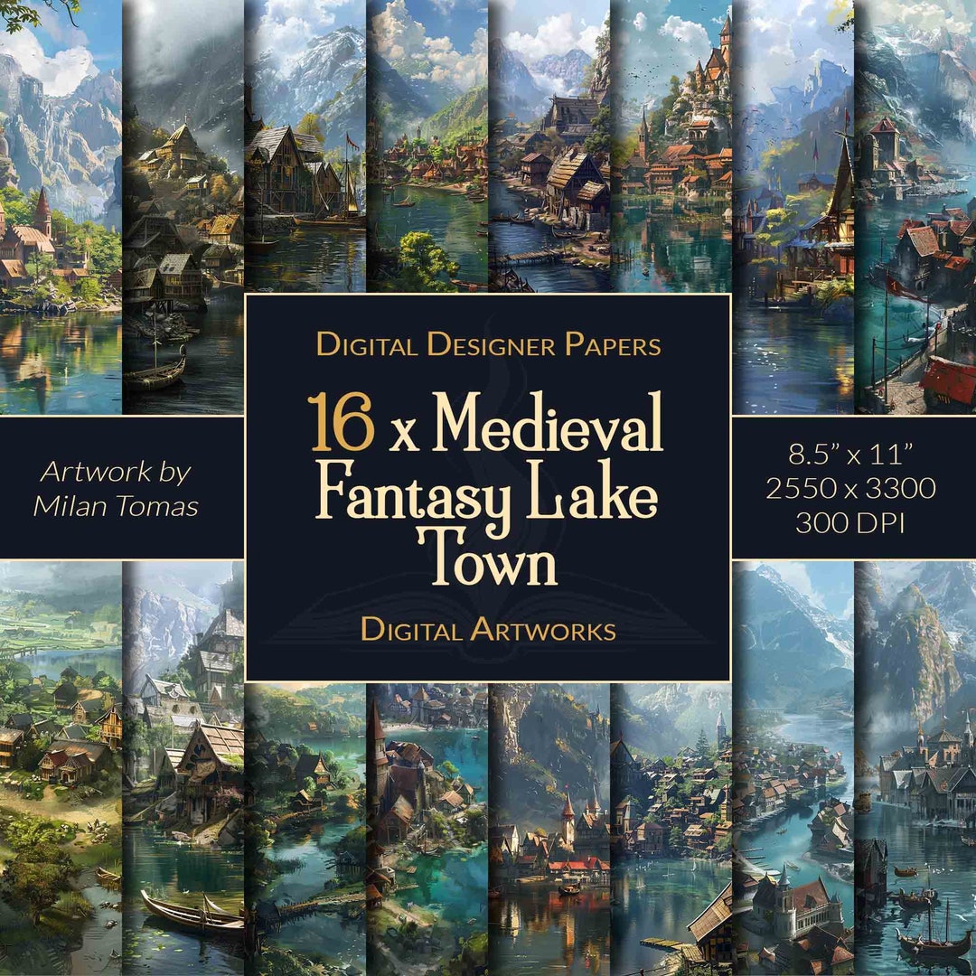 Medieval Fantasy Lake Town Digital Artworks Pack | Set of 16 Digital ...