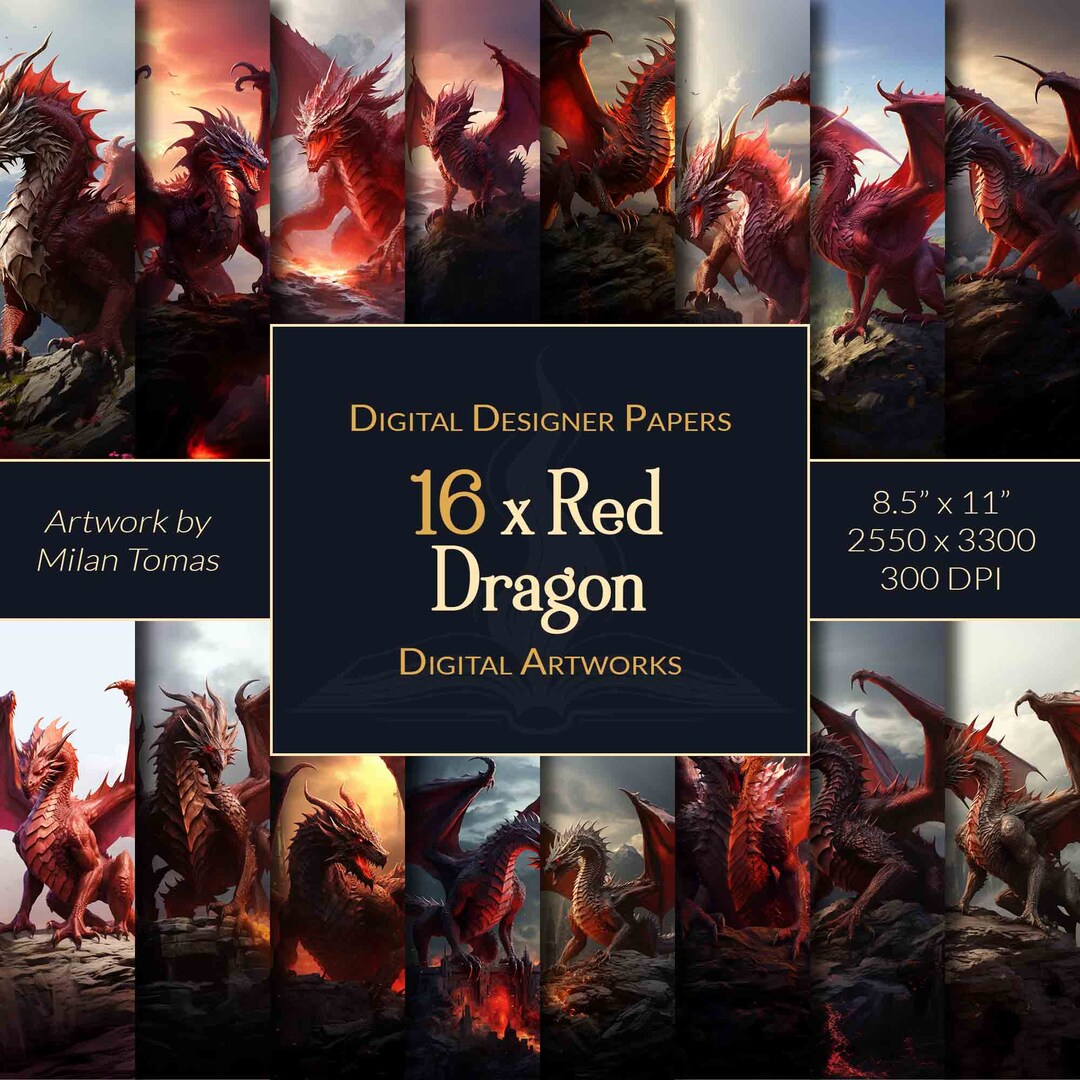 Red Dragon Digital Paper Pack: Scrapbook & Junk Journal Art (digital ...