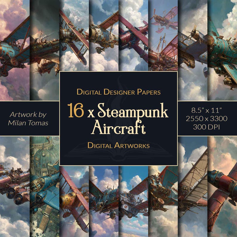 Steampunk Aircraft Digital Artworks Pack | Set of 16 Digital Papers ...