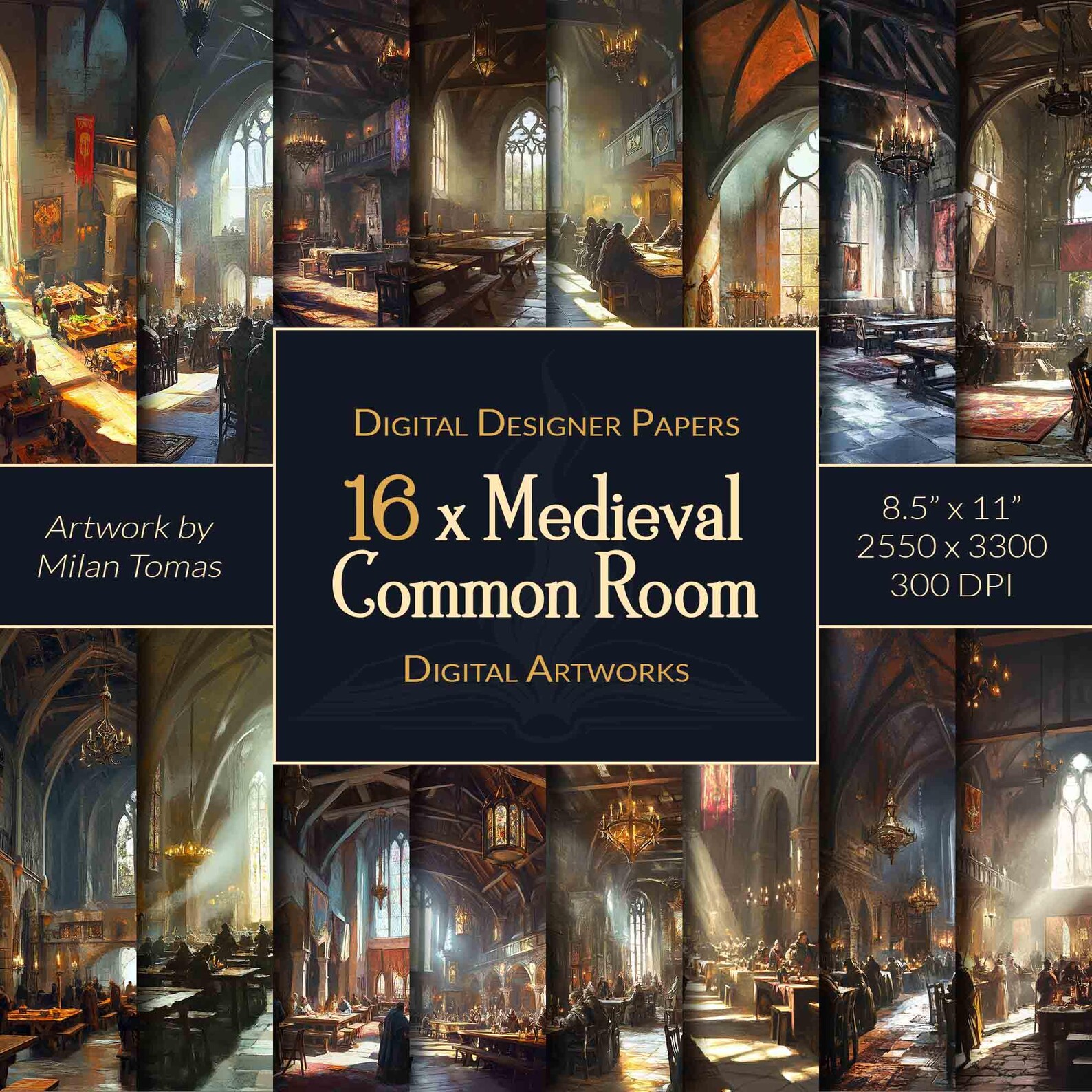 Medieval Common Room Digital Artworks Pack | Set of 16 Digital Papers ...