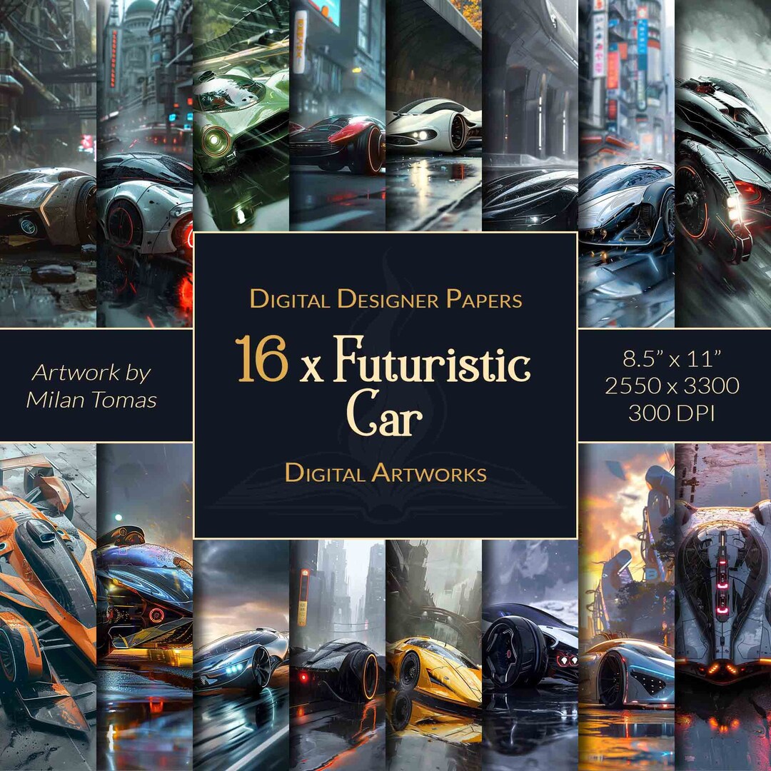 Futuristic Car Digital Artworks Pack | Set of 16 Digital Papers ...