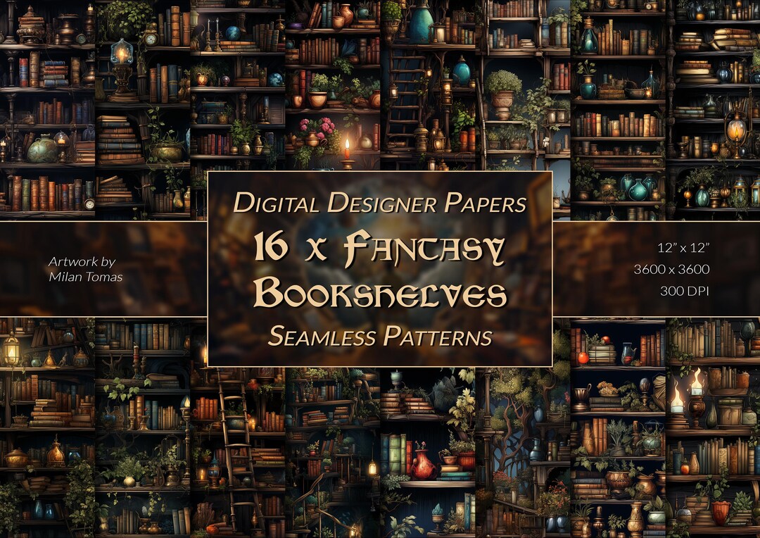 Fantasy Bookshelves Seamless Patterns Pack Set of 16 Digital - Etsy