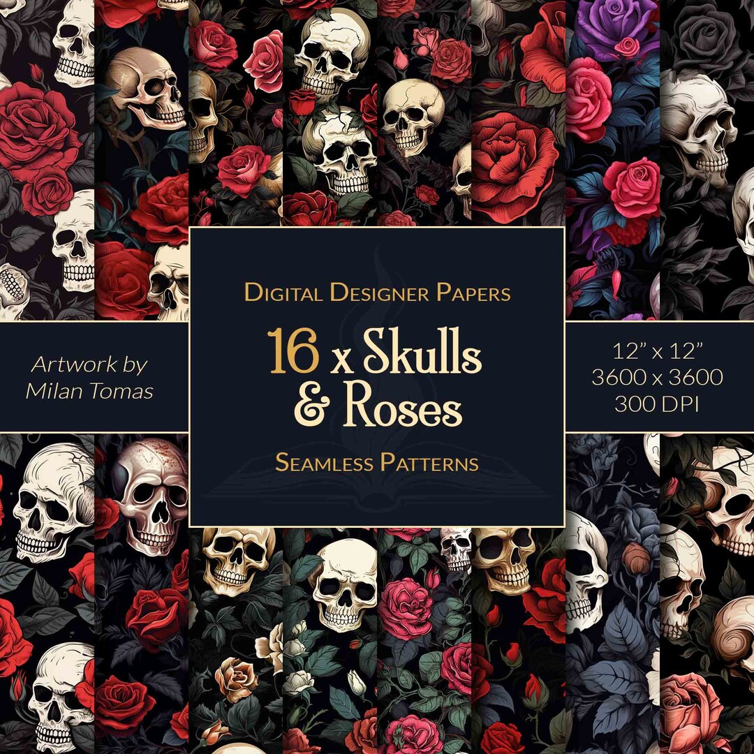 Skulls & Roses Seamless Patterns Pack | Set of 16 Digital Papers ...