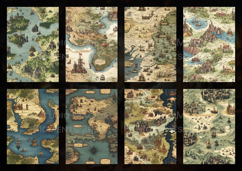 Medieval Fantasy Maps Seamless Patterns Pack Set of 16 Digital Papers ...