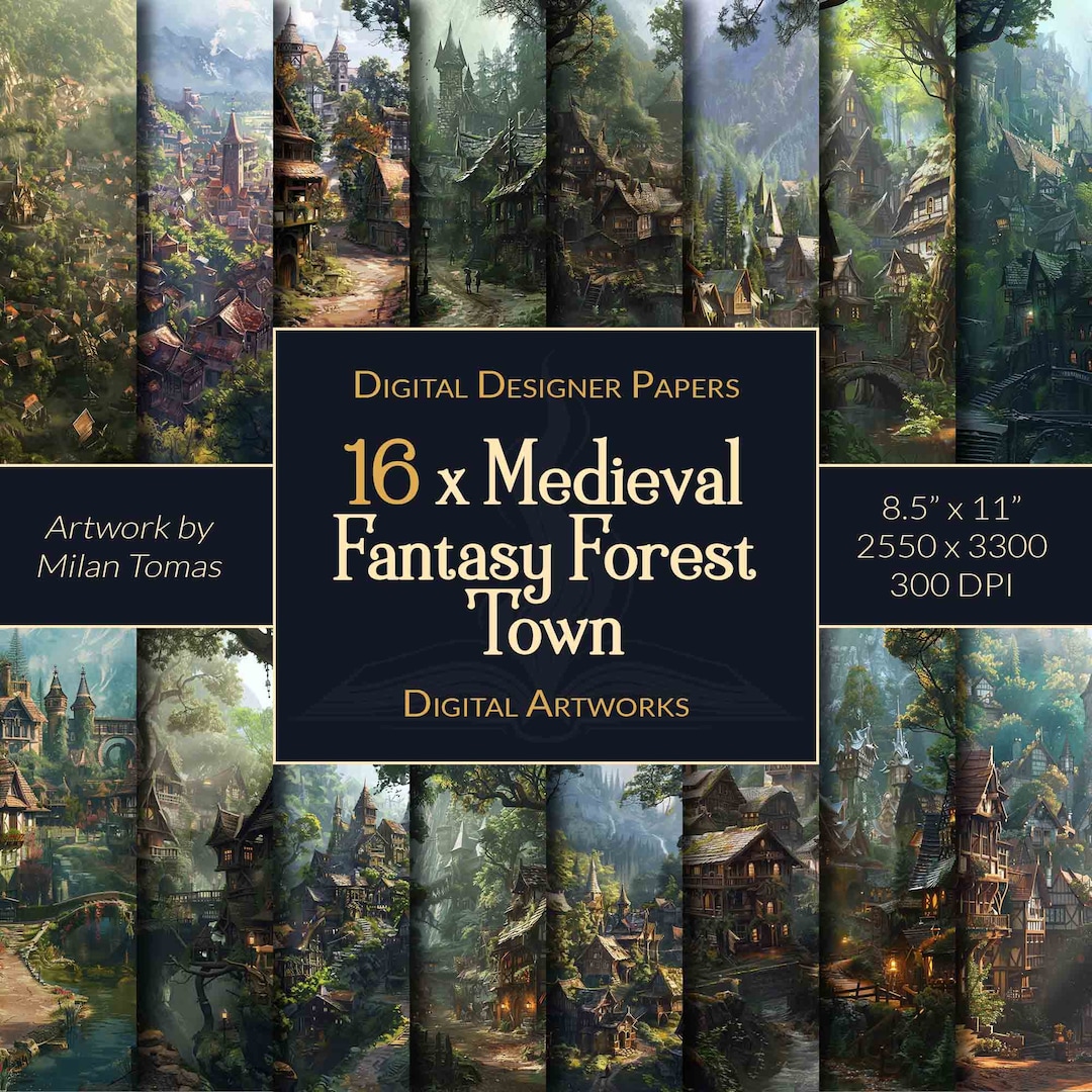Medieval Fantasy Forest Town Digital Artworks Pack | Set of 16 Digital ...