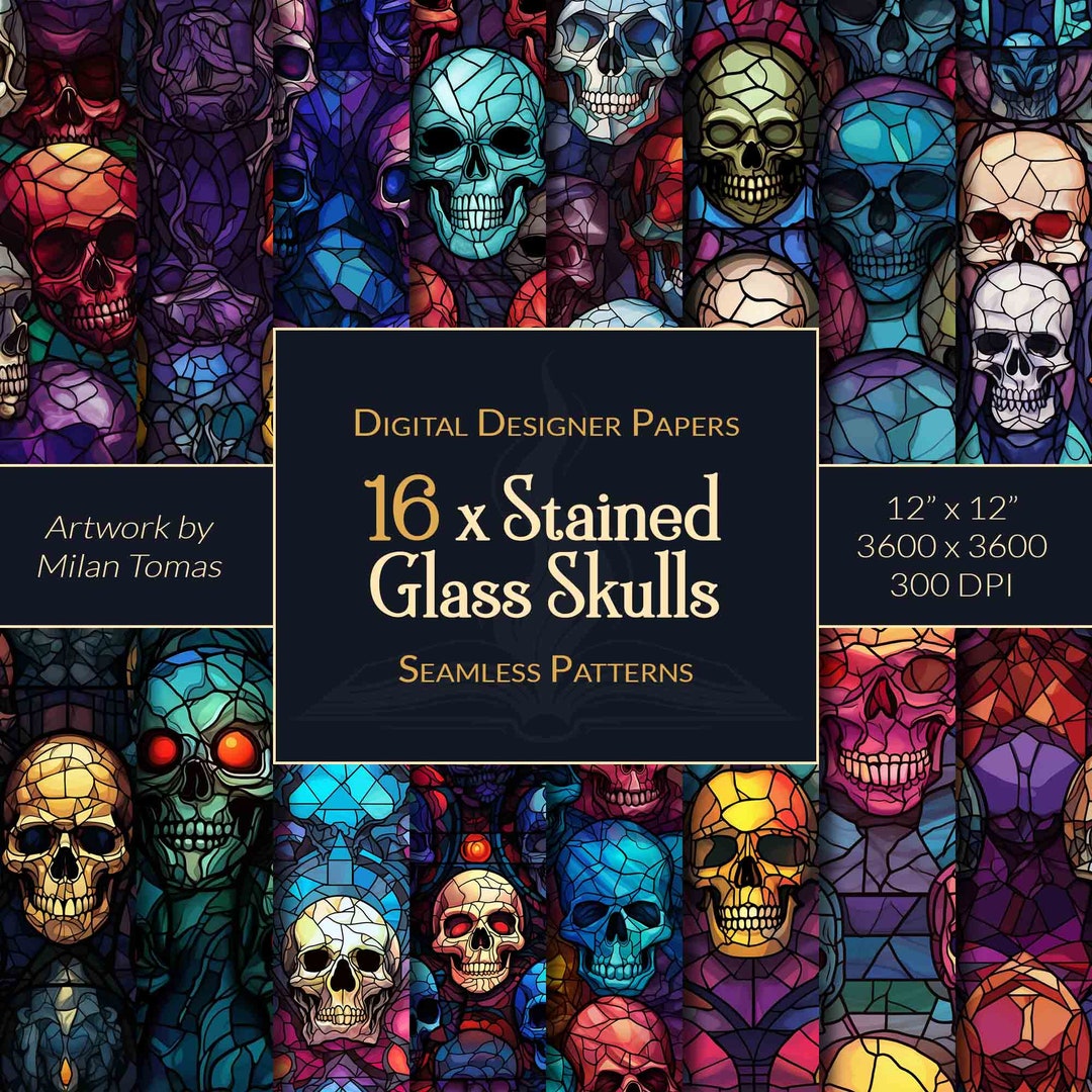 Stained Glass Skulls Seamless Patterns: Scrapbook Paper (digital Papers ...