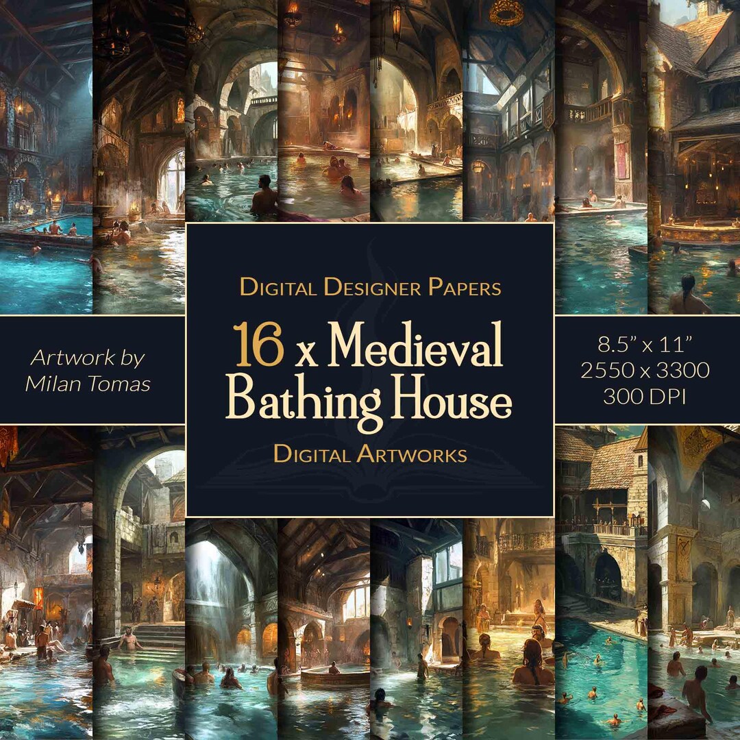 Medieval Bathing House Digital Artworks Pack | Set of 16 Digital Papers ...