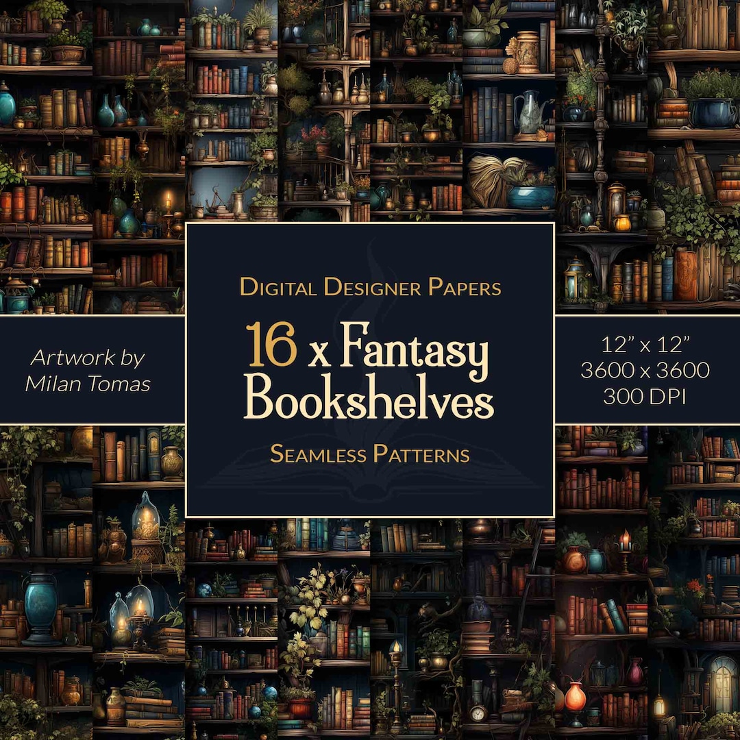 Fantasy Bookshelves Seamless Patterns: Scrapbook Paper (digital ...