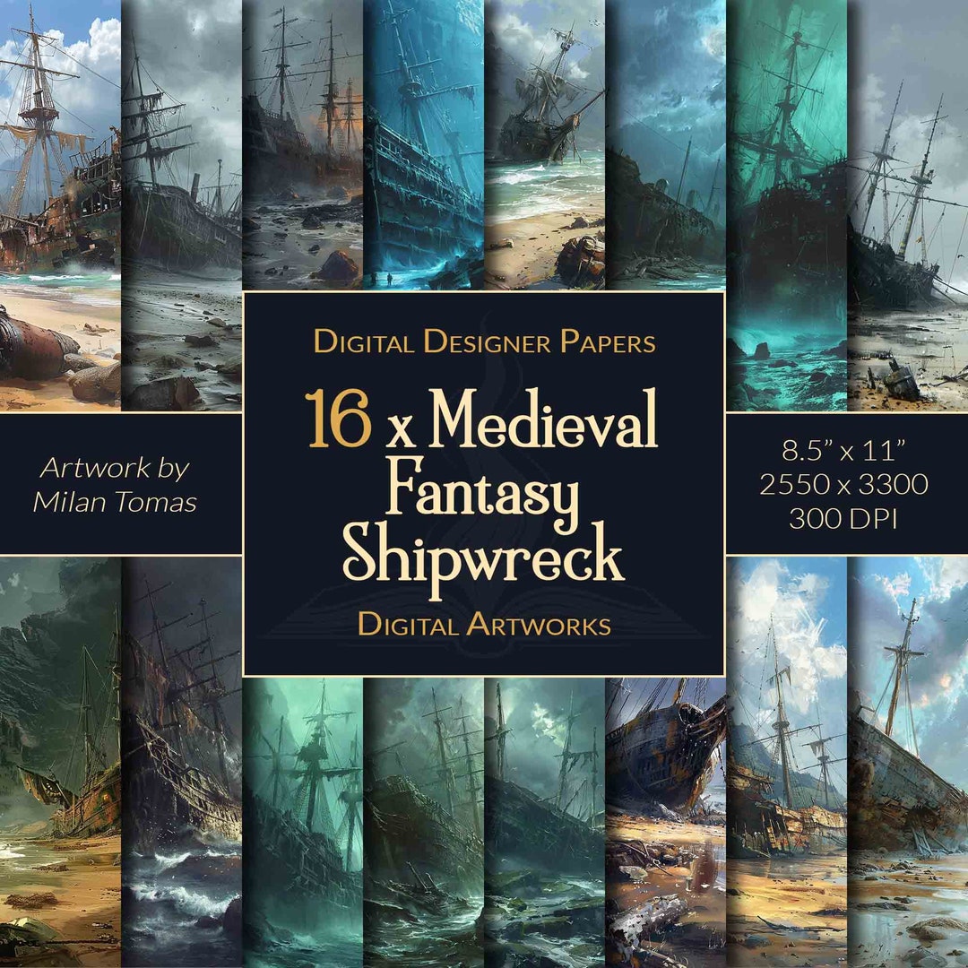 Medieval Shipwreck Digital Paper: Fantasy Art, Scrapbook, Junk Journal ...