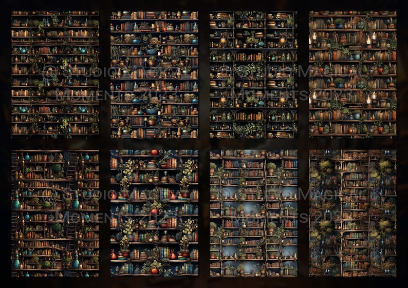 Fantasy Bookshelves Seamless Patterns Pack Set of 16 Digital Papers ...