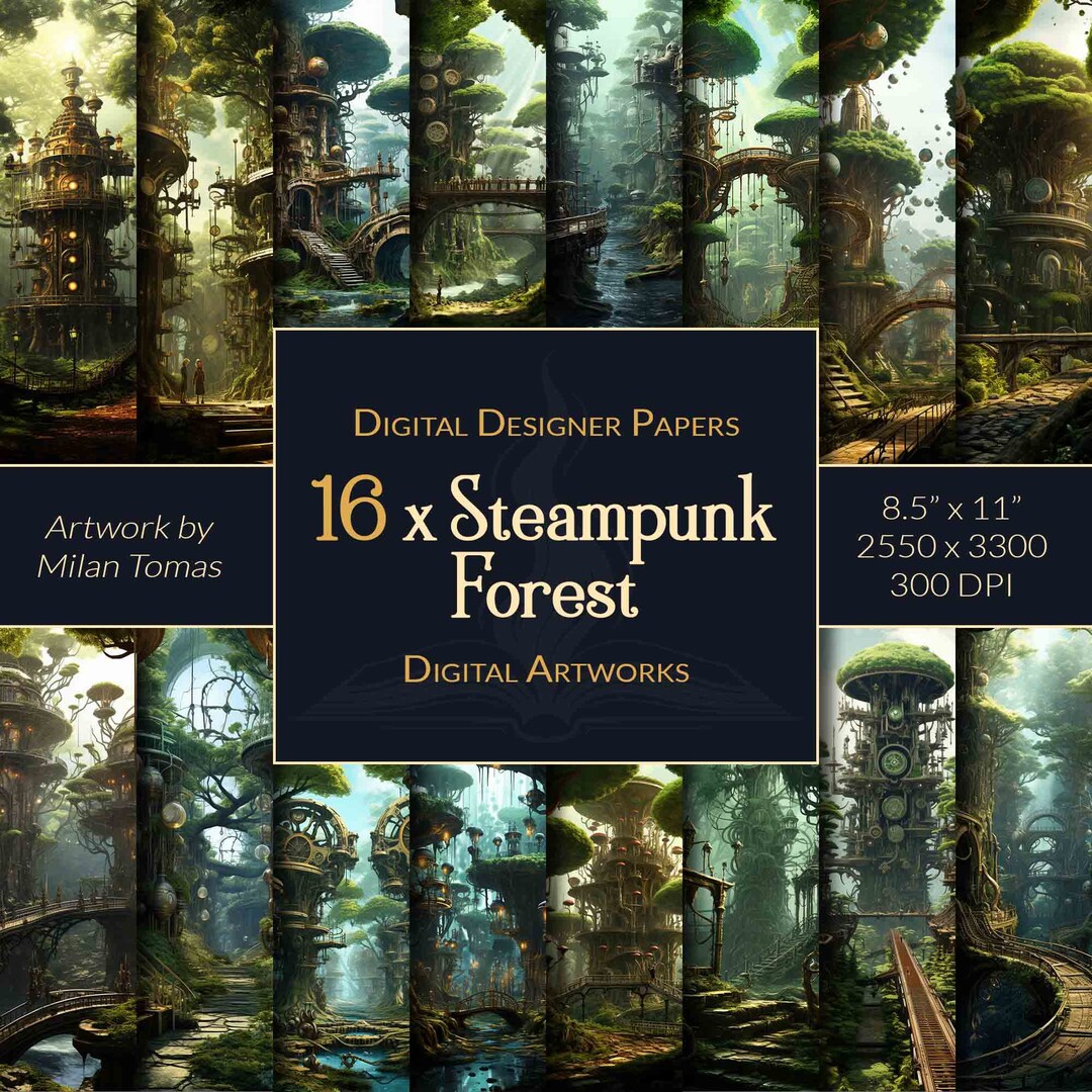 Steampunk Forest Digital Artworks Pack | Set of 16 Digital Papers ...