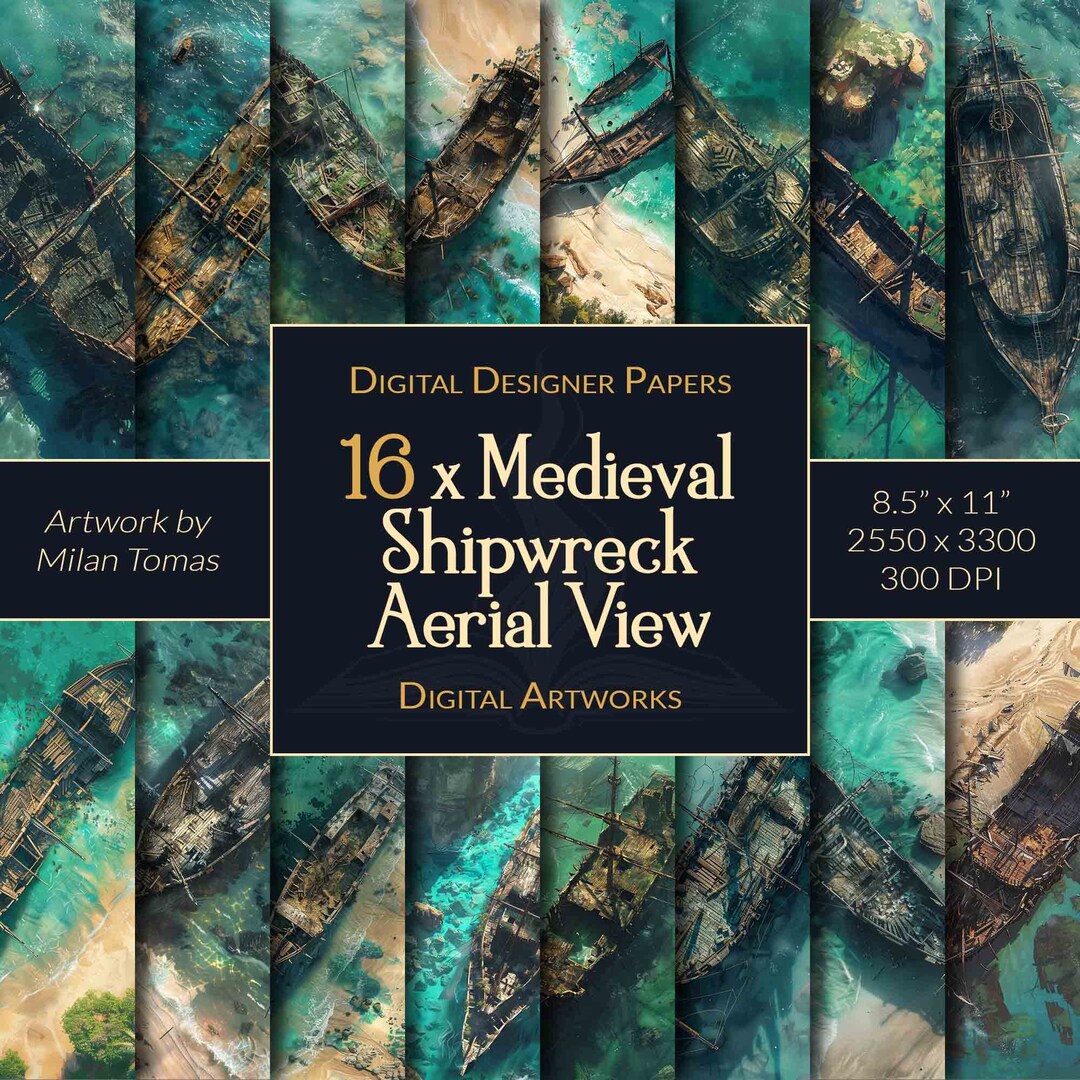 Medieval Shipwreck Aerial View Digital Artworks Pack | Set of 16 ...