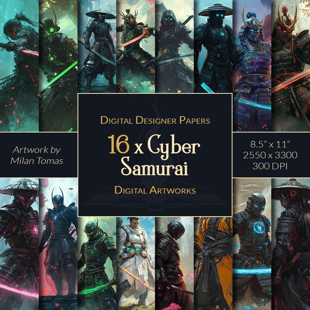 Cyber Samurai Digital Artworks Pack | Set of 16 Digital Papers ...