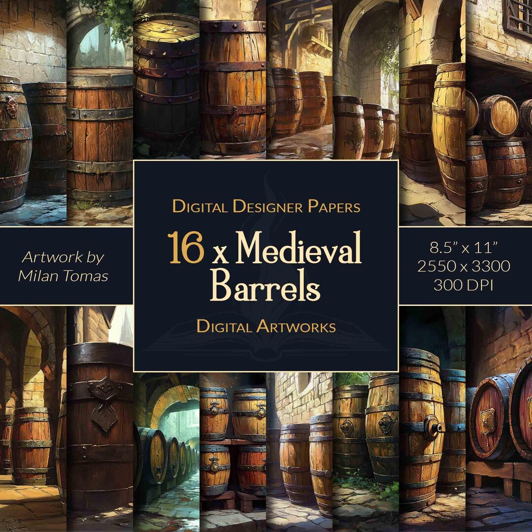 Medieval Barrels Digital Artworks Pack | Set of 16 Digital Papers ...