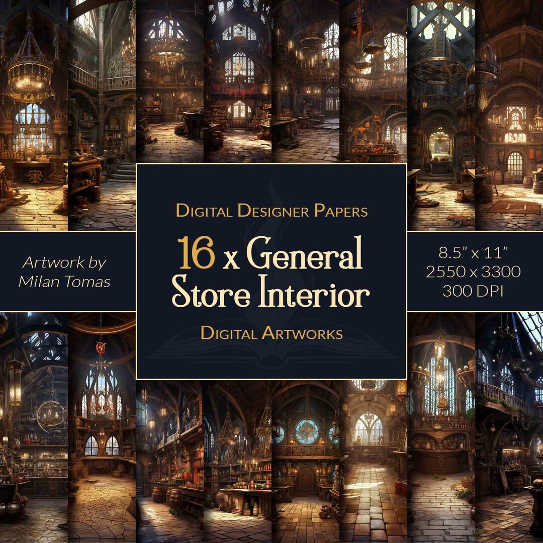 General Store Interior Digital Paper Pack: Fantasy Scrapbook Art ...