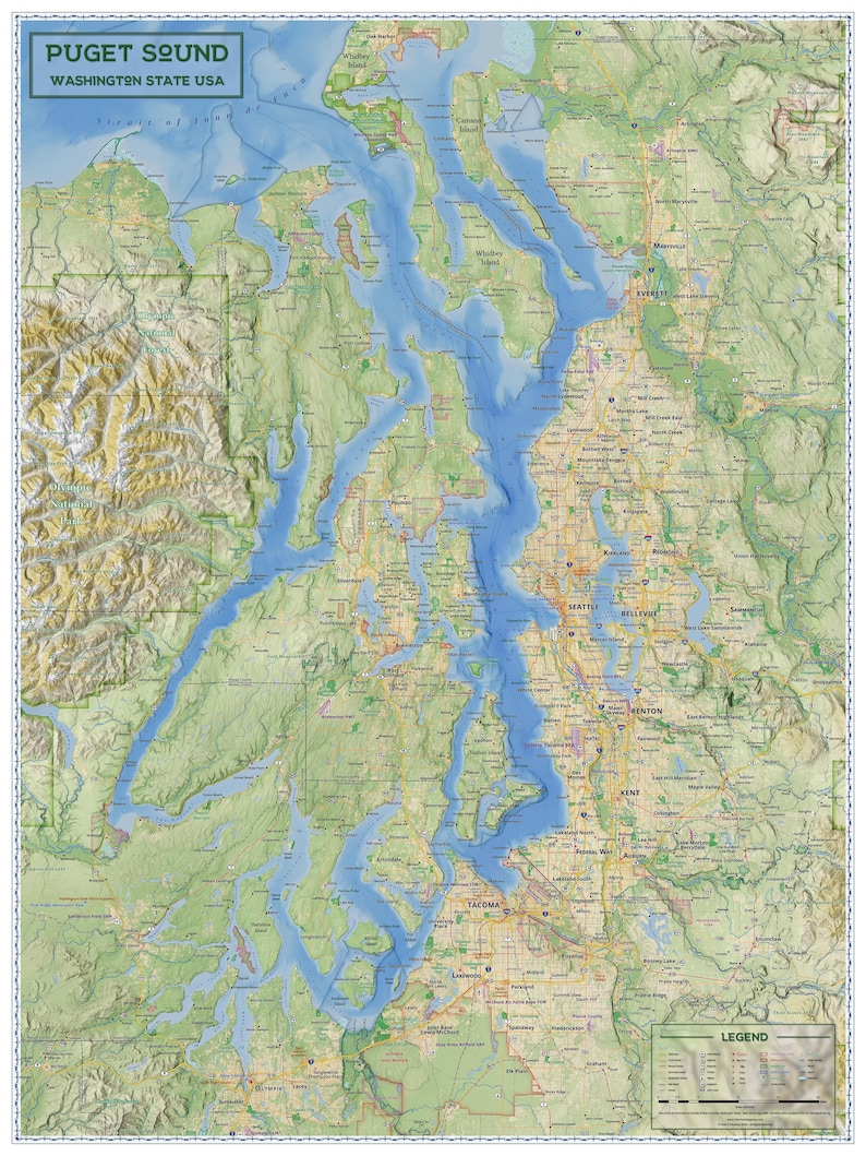Puget Sound Map - Etsy