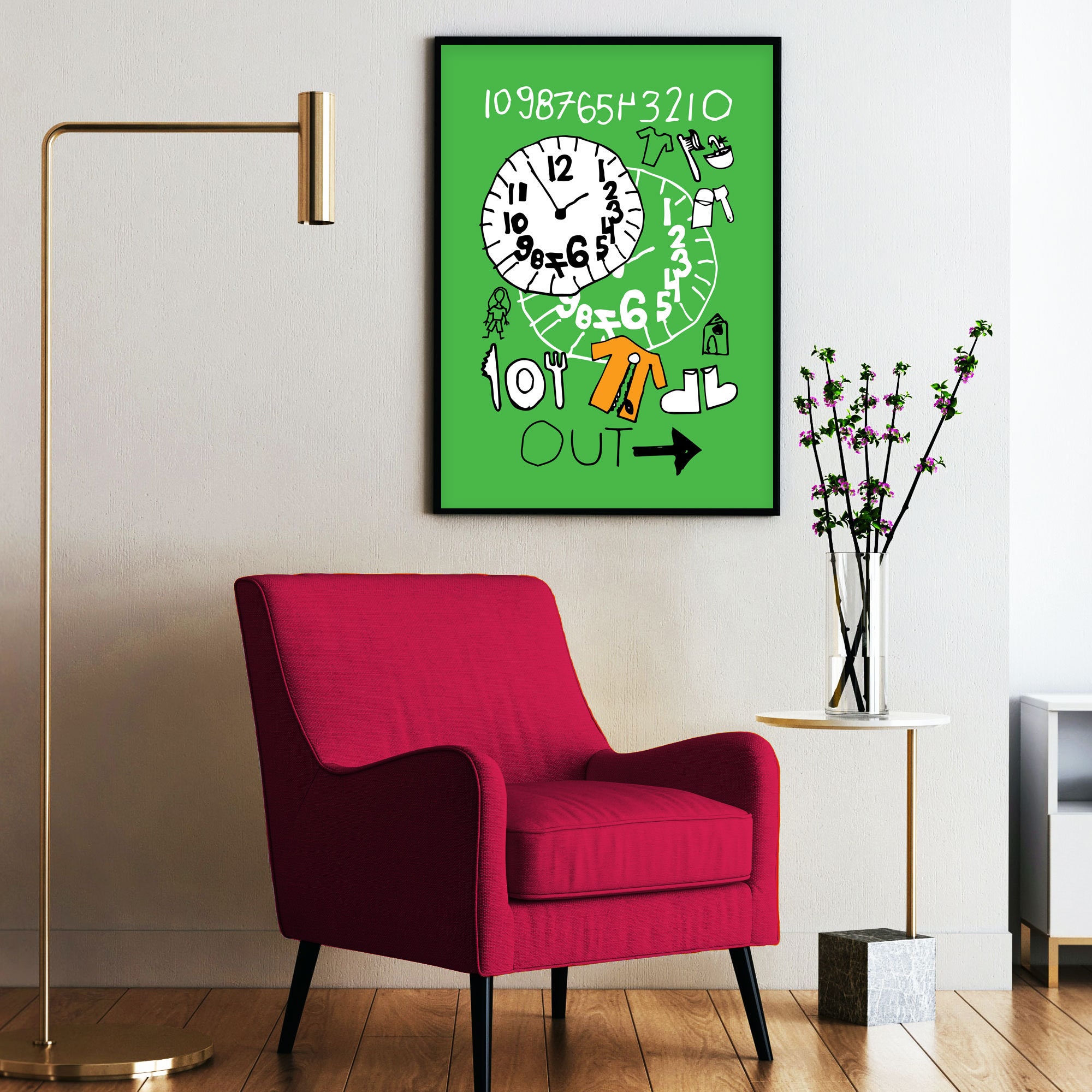 Colorful Modern Green Busy Schedule Clock Drawing Poster Printable ...