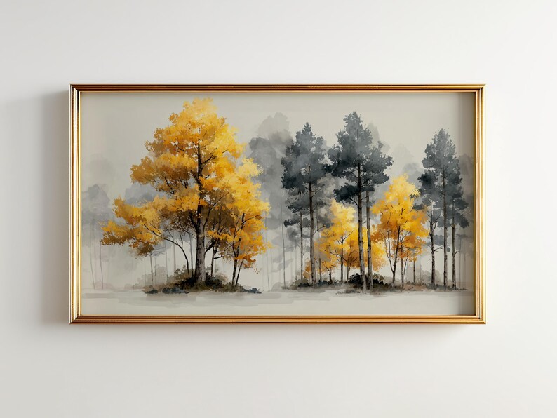 Rustic Autumn Trees Frame TV Art, Cozy Golden Forest, Muted Watercolor ...