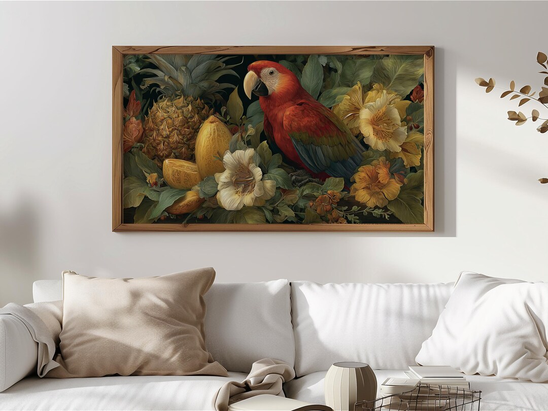 Lush Greenery Tropical Vintage Parrot TV Art, Exotic Still-life Art for ...