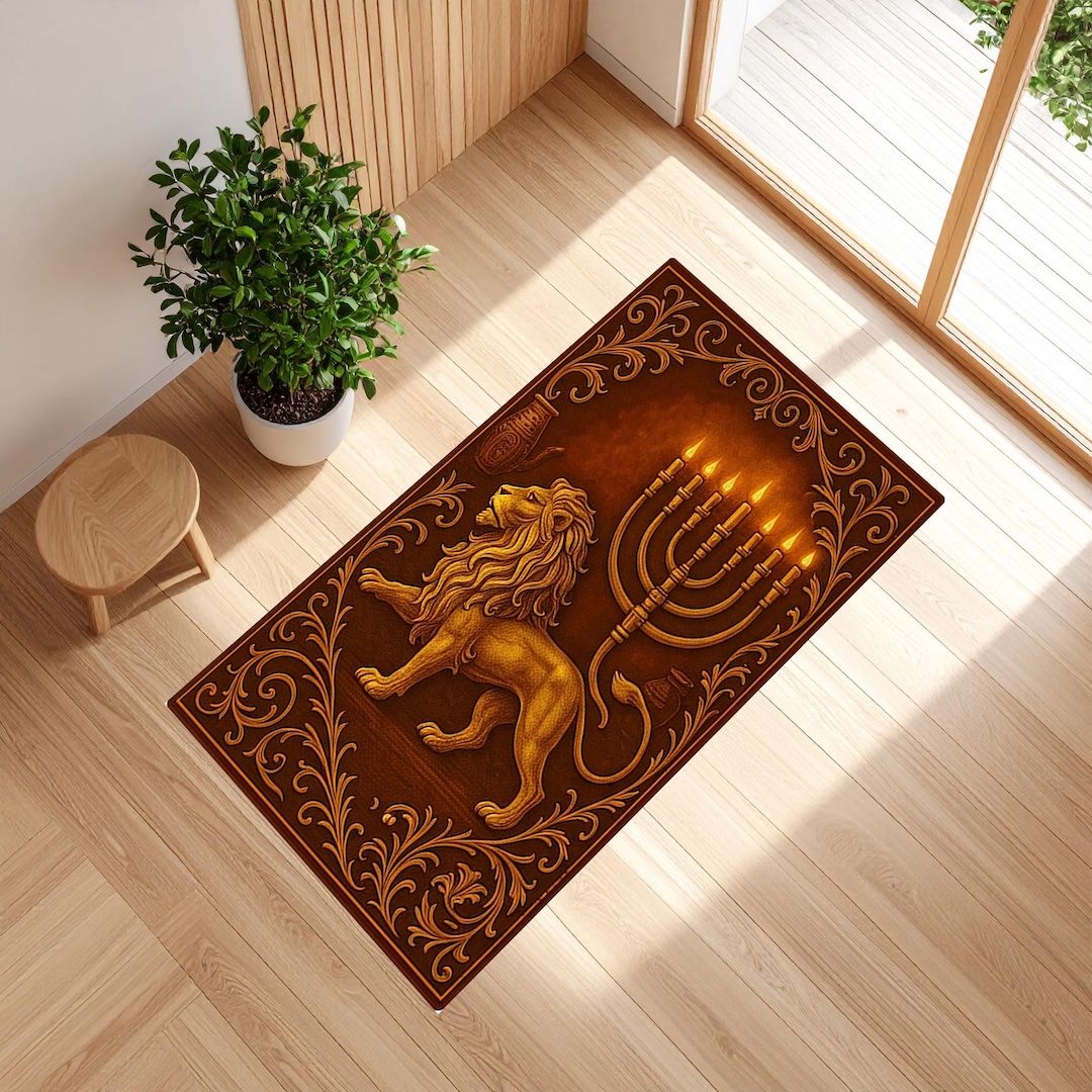 Jewish Prayer Rug, Lion and Menorah Design, Judaica Home Decor - Etsy