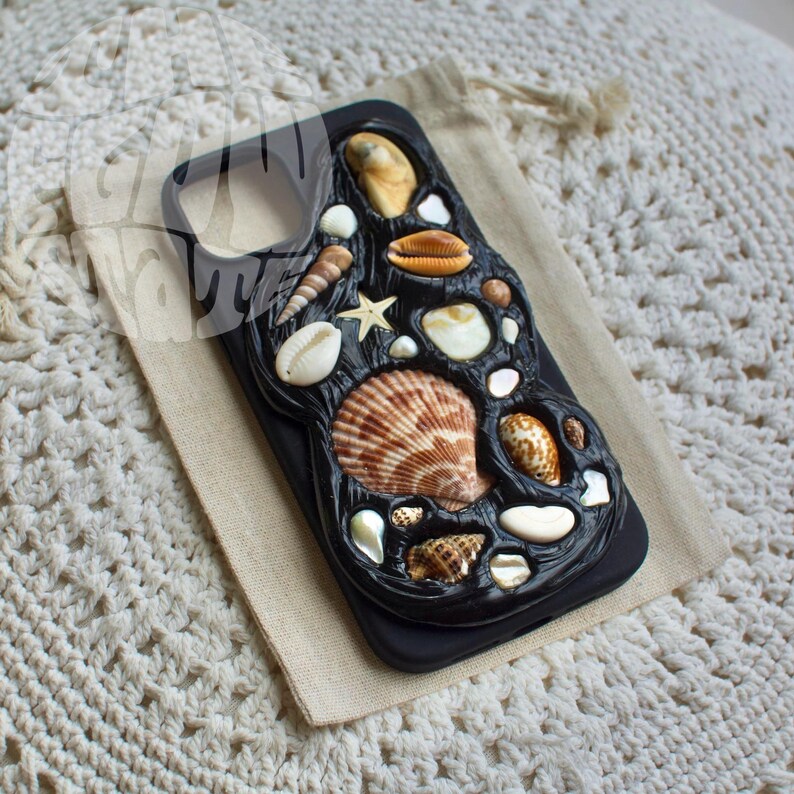 Handmade Sea Shell iPhone Case / Black Charcoal / Bespoke Seashell Cell ...