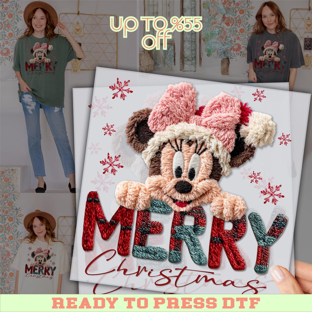 Minnie Mouse Pink Bow Faux Yarn DTF Transfer: Chirstmas Disney Heat ...