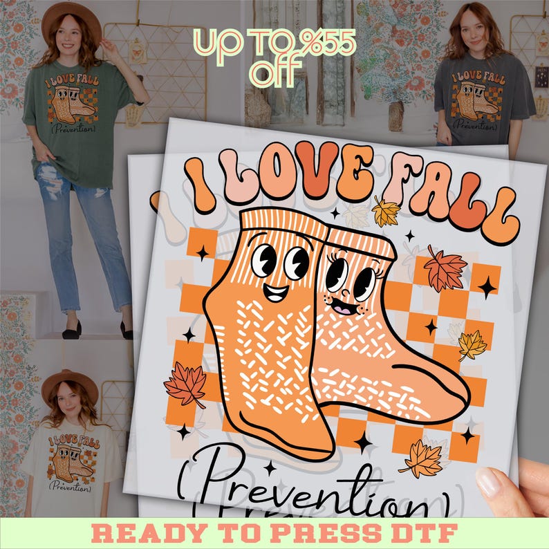 I Love Fall Prevention DTF Transfer, Funny Fall Socks Print for Autumn ...