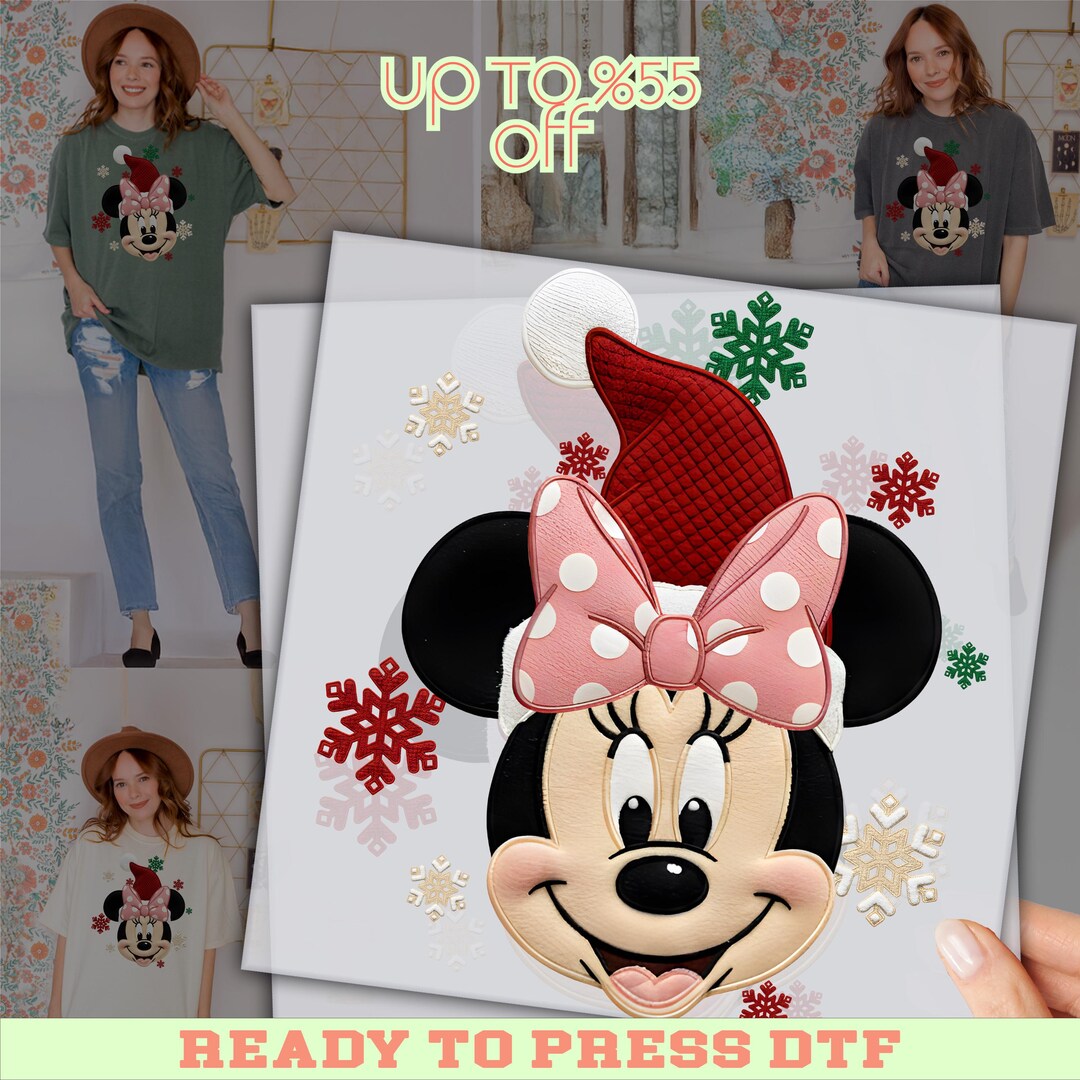 Minnie Mouse With Santa Faux Yarn DTF Transfer: Chirstmas Disney Heat ...