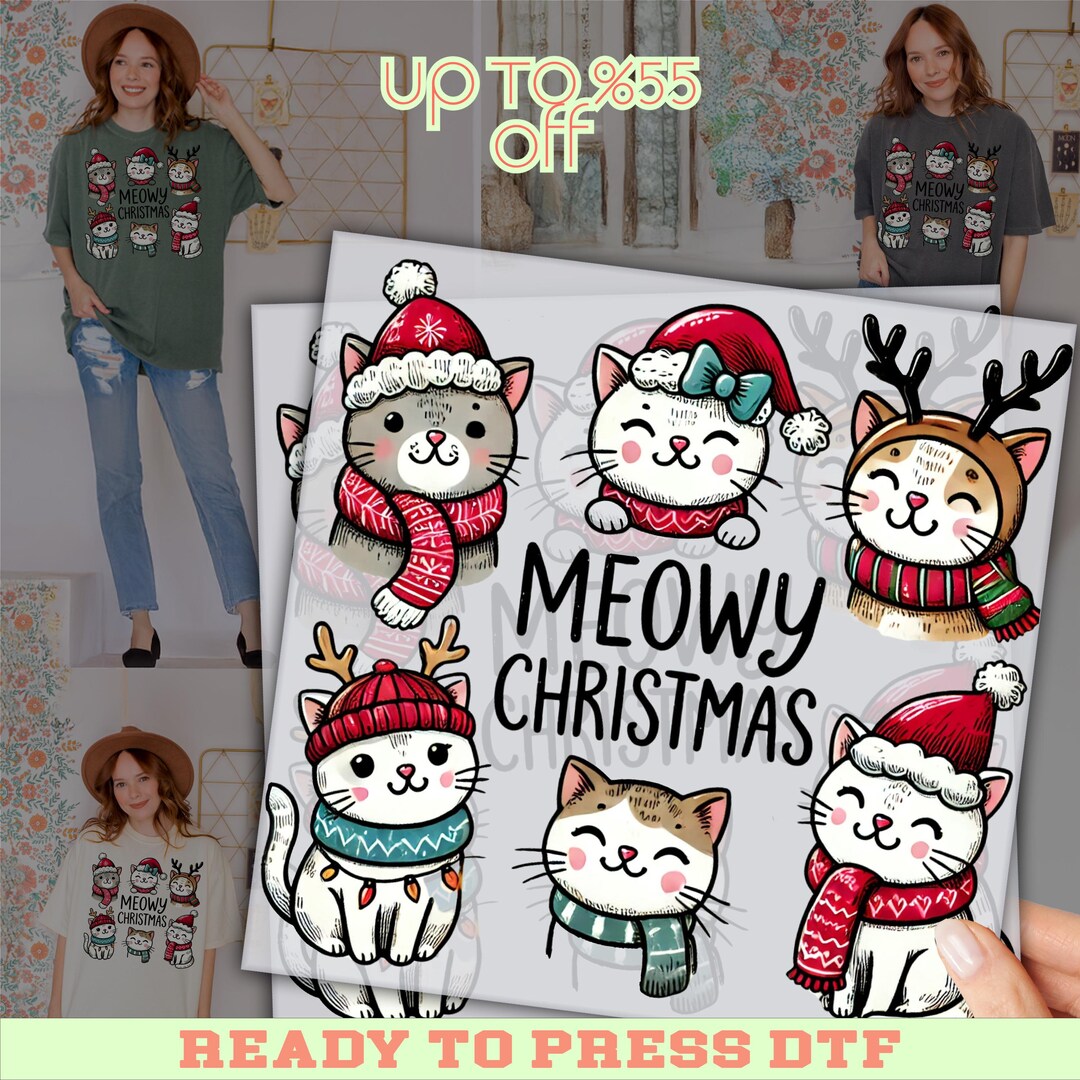 Meowy Christmas DTF Transfer: Cute Cat and Santa Hats Heat Press for ...
