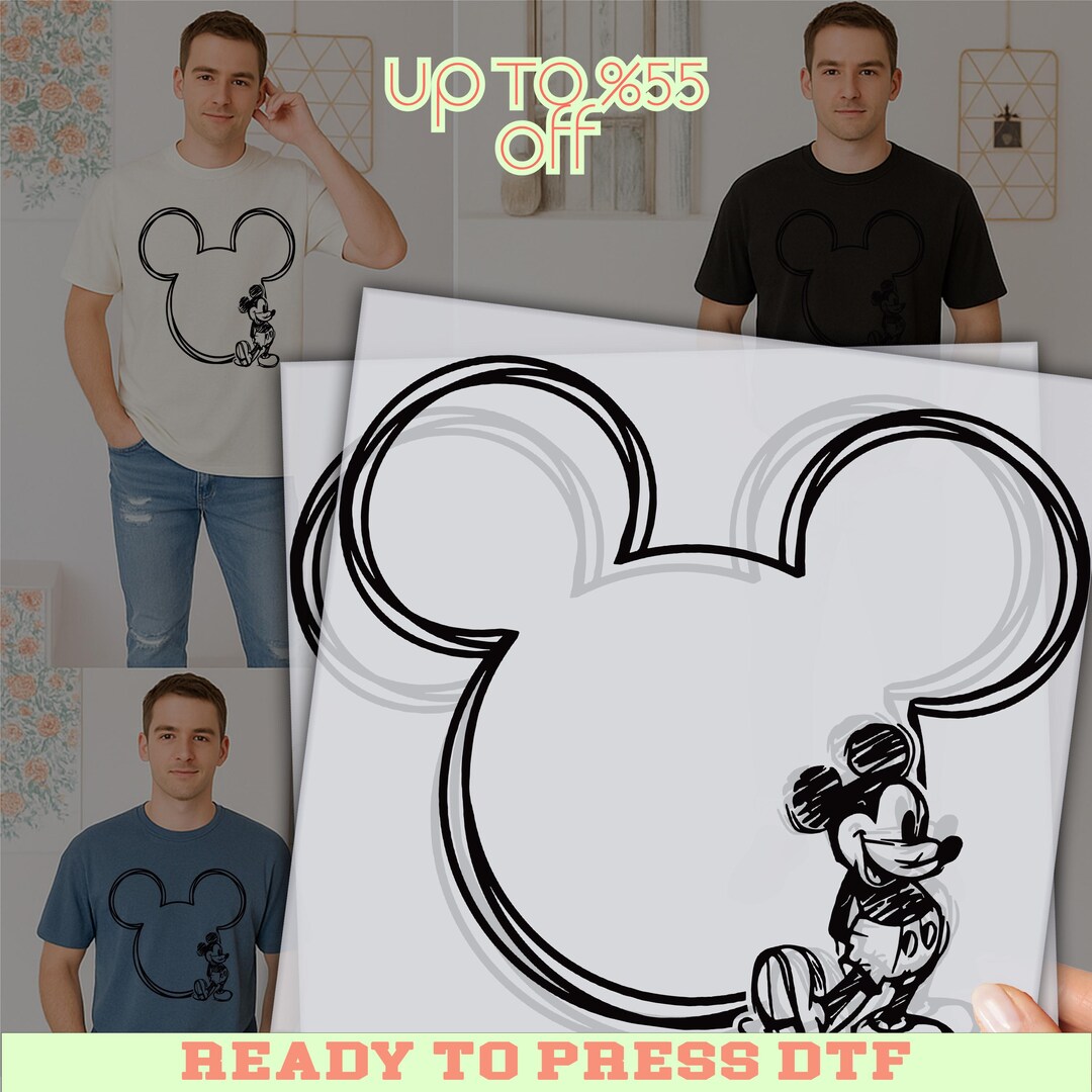 Disney Mickey Mouse Outline DTF Transfer: Minimalist Sketch Silhouette ...